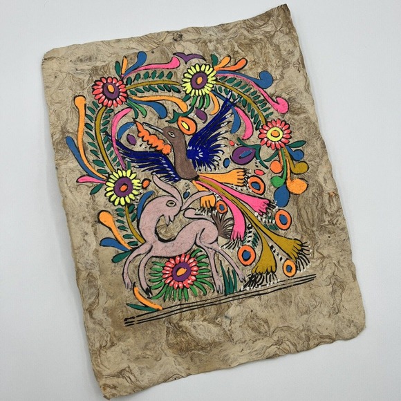 Art | Vintage Mexican Folk Art Amate Bark Painting Bird Deerflowers ...